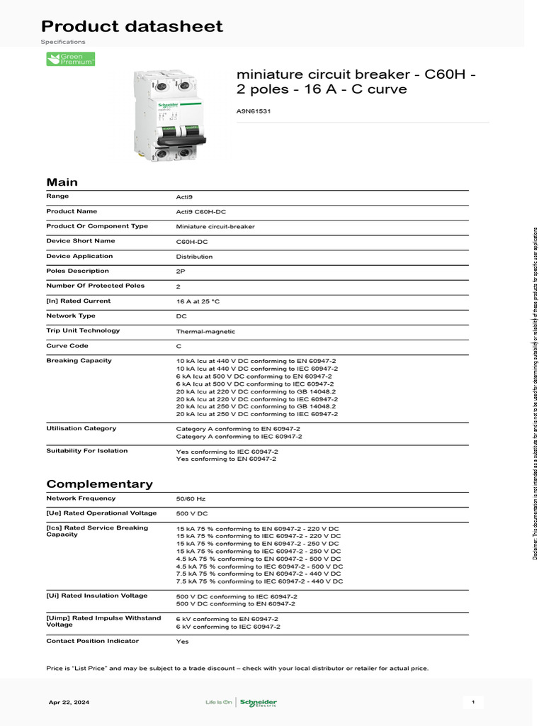 Áp Tô Mát 220VDC-16A. Schneider Electric - C60-For-DC-circuits - A9N61531 | PDF | Manufactured ...