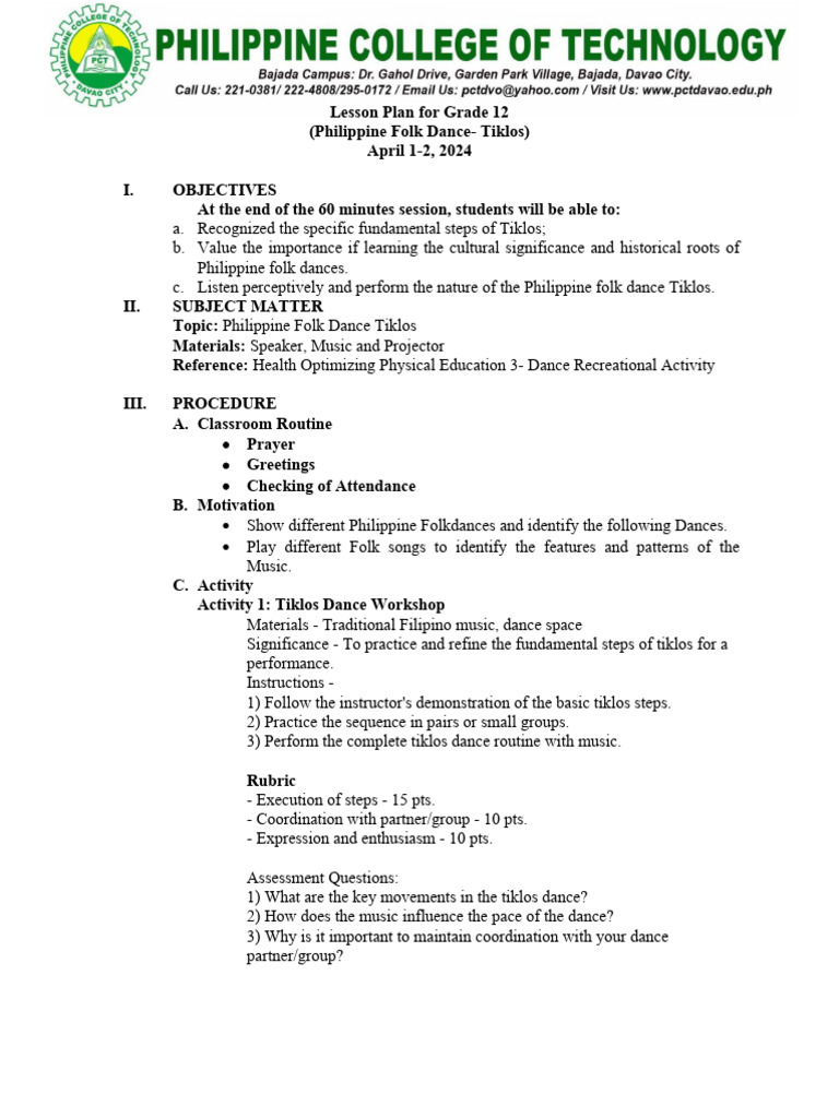 Lesson Plan For Grade 12 | PDF | Lesson Plan | Dances