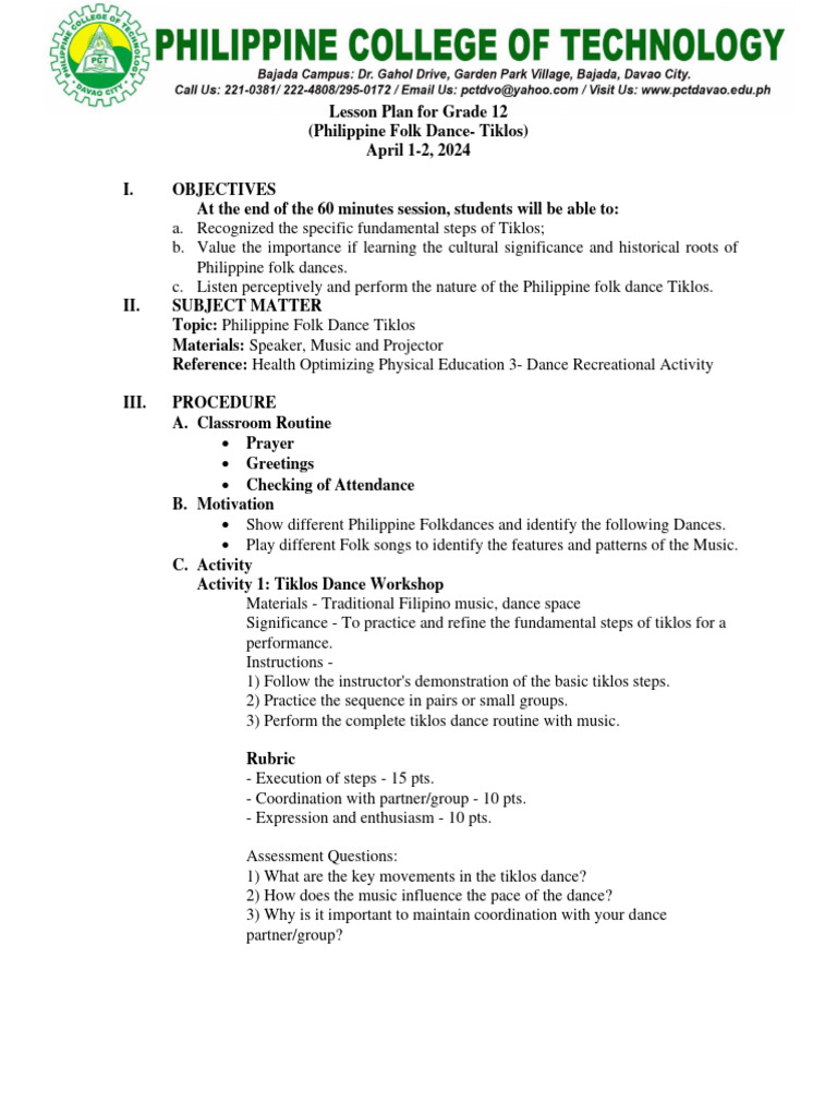 Lesson Plan For Grade 12 DANCE | PDF | Dances | Lesson Plan