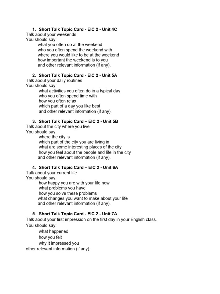 Short Talk Topic Card | PDF