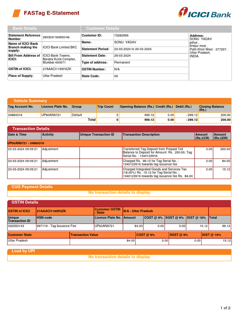 UP60AN9721 FASTag Statement 1711718392565 | PDF | Banks | Credit Card