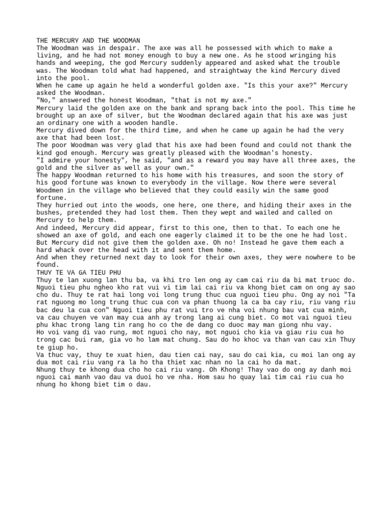 The Honest Woodman and Mercury's Reward | PDF | Logging | Aesop's Fables