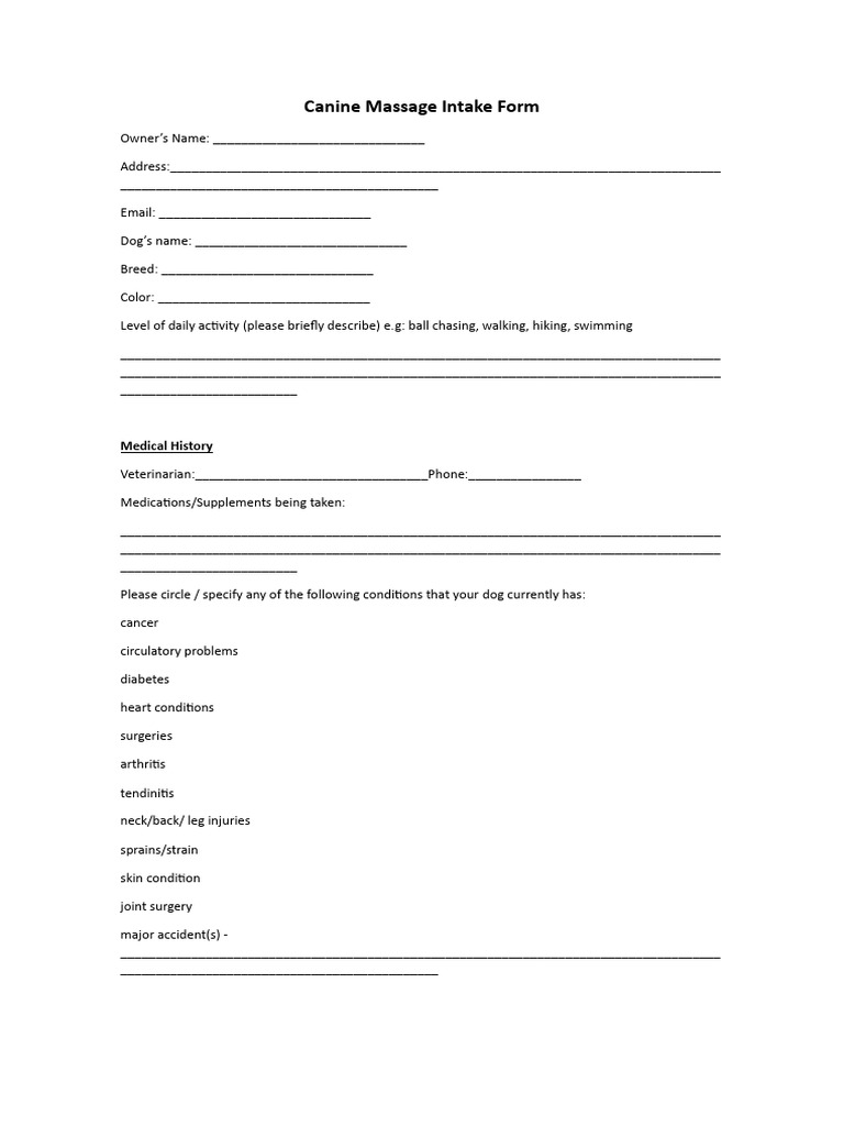 Canine Massage Client Intake Form | PDF | Dogs | Clinical Medicine