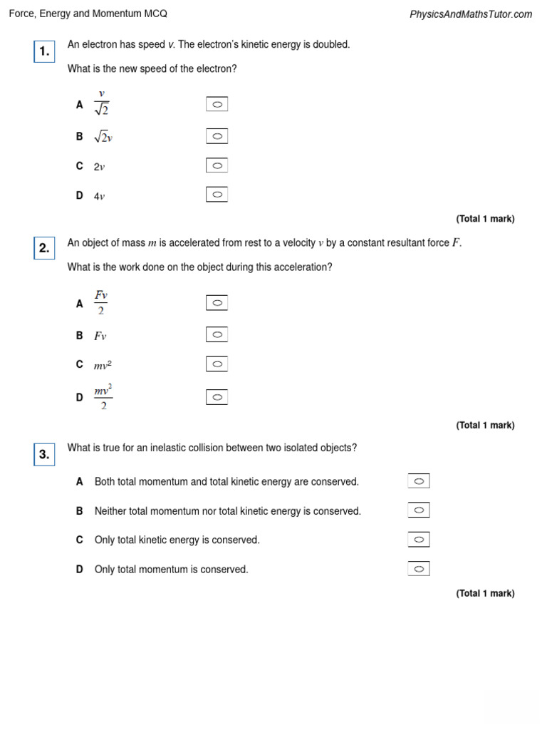 4.1. Force, Energy and Momentum MCQ QP | PDF | Force | Momentum
