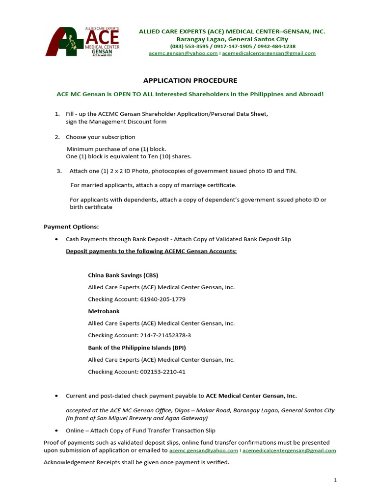 ACE Medical Center Gensan Application Guide | PDF
