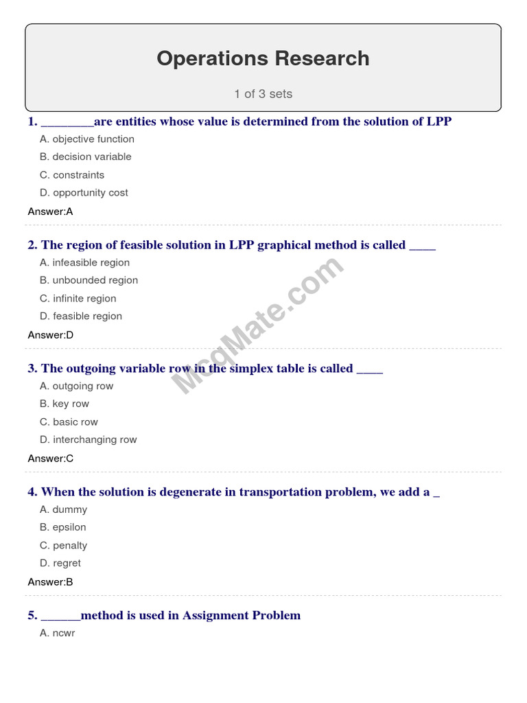 Operations Research MCQs Set 1 | PDF | Mathematical Optimization ...
