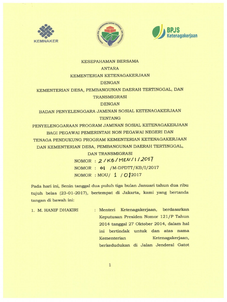 MoU Kemenaker, Kemendesa Dengan BPJS Ketenagakerjaan | PDF