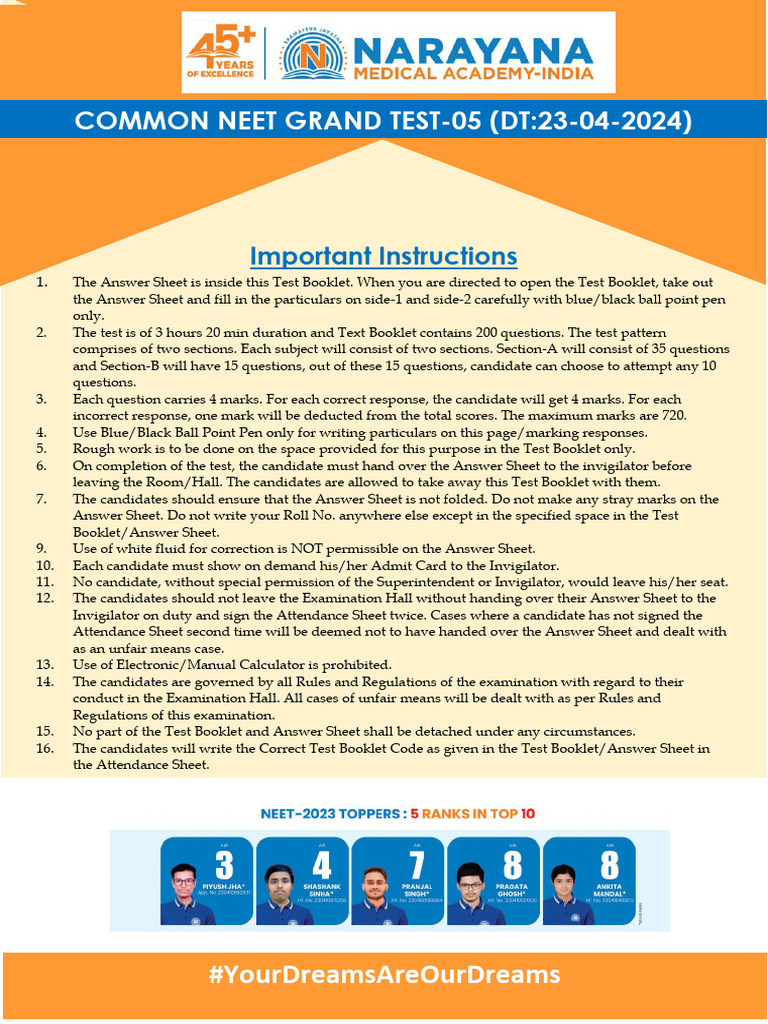 FINAL COMMON NEET GRAND TEST-05 QUESTION PAPER EX.DT-23-04-2024 | PDF ...