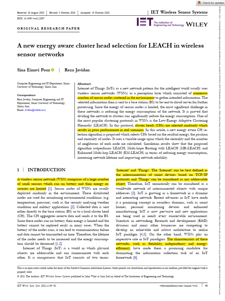 IET 2021 - A New Energy Aware Cluster Head Selection For LEACH in Wireless Sensor Networks ...
