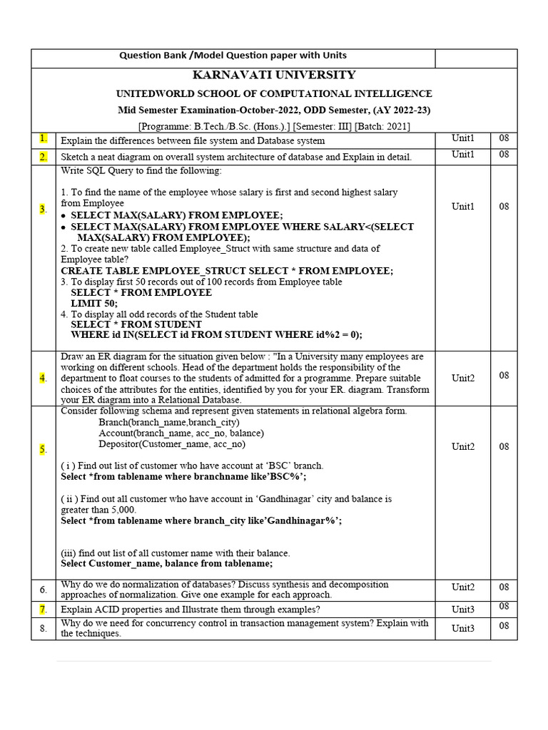 Model MidTerm QBank DBMS | PDF | Databases | Computer Programming Model MidTerm QBank DBMS | PDF | Databases | Computer Programming