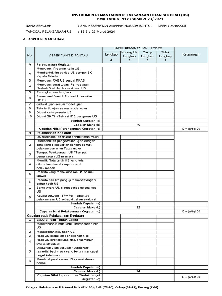 Pemantauan Ujian Sekolah SMK 2024 | PDF