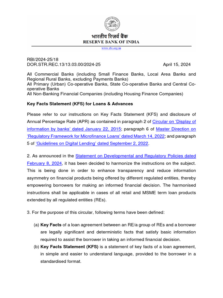 RBI Key Facts Statement for Loans | PDF | Annual Percentage Rate | Loans