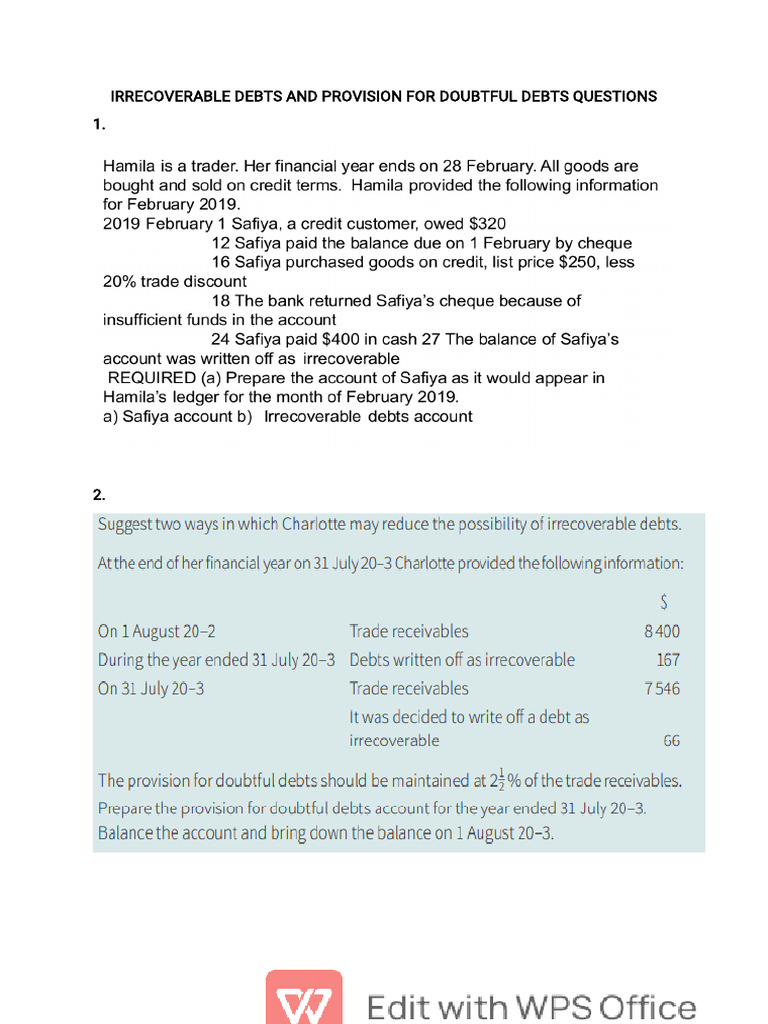 Irrecoverable Debts and Provision For Doubtful Debts Questions | PDF ...