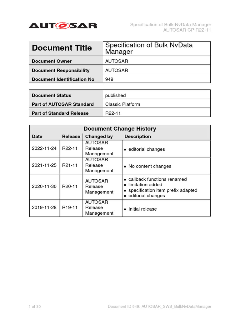 AUTOSAR SWS BulkNvDataManager | PDF | Specification (Technical Standard ...