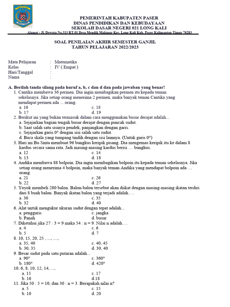Soal Matematika Kelas 4 Kurikulum Merdeka Pas | PDF | Metode & Bahan Ajar | Griya & Taman