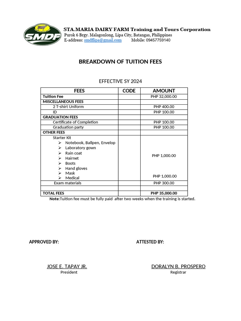 Tuition Fee Breakdown for SY 2024 | PDF