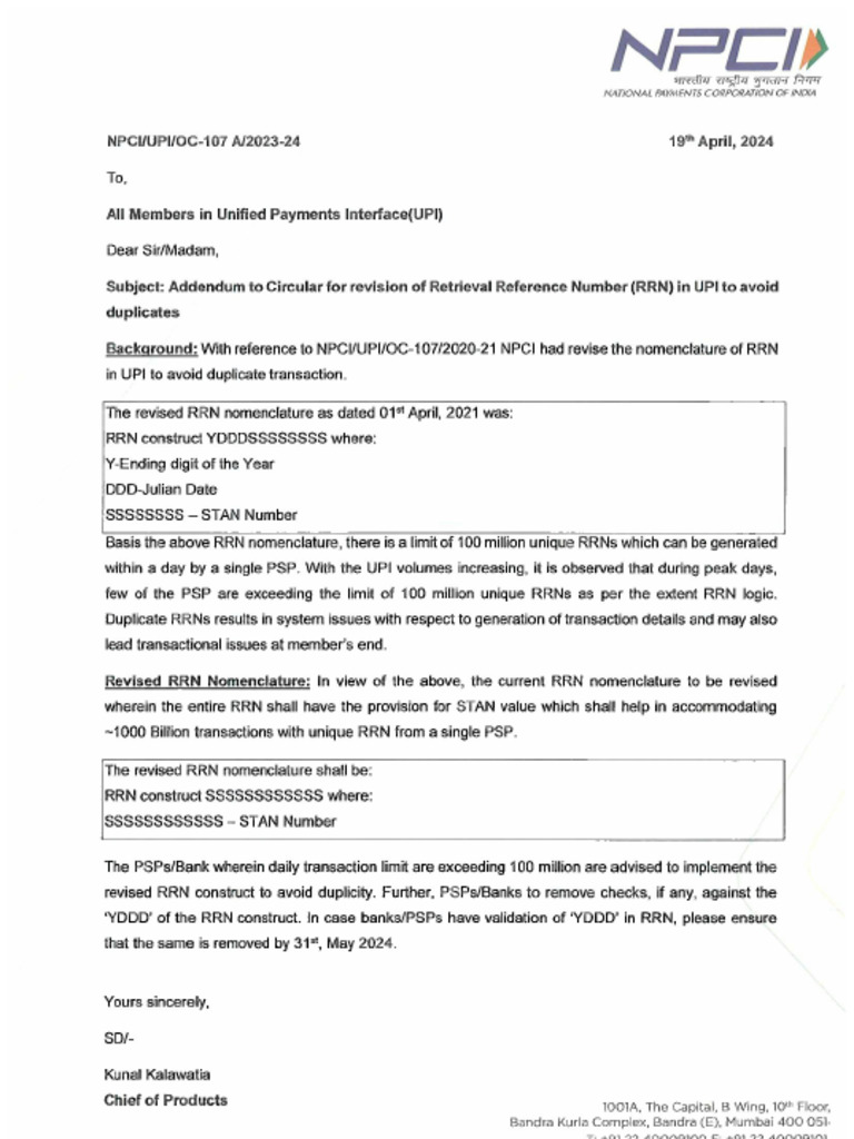NPCI UPI OC 107A 202324 19042024 Addendum To Circular For Revision of ...
