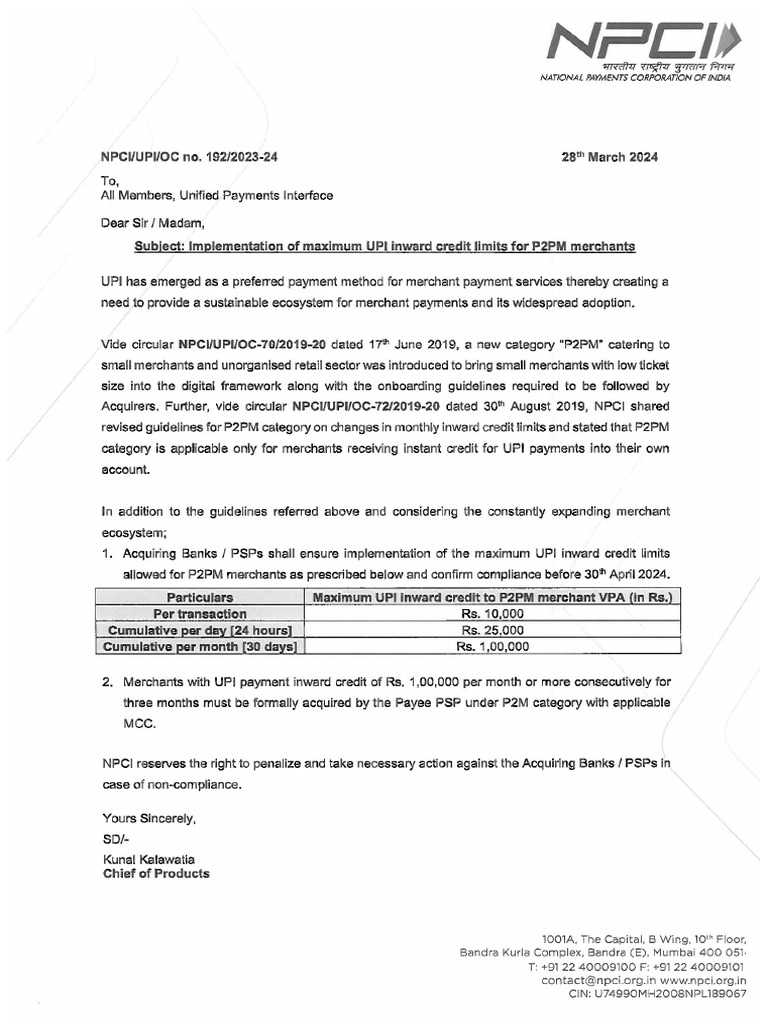 NPCI UPI OC 192 FY 23 24 Implementation of Maximum UPI Inward Credit ...