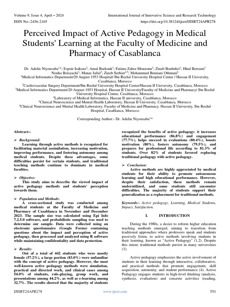 Perceived Impact of Active Pedagogy in Medical Students' Learning at The Faculty of Medicine and ...