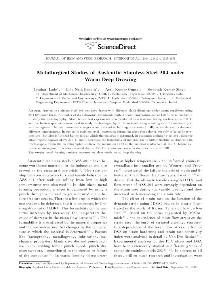 Metallurgical Studies of Austenitic Stainless Steel 304 Under Warm Deep ...