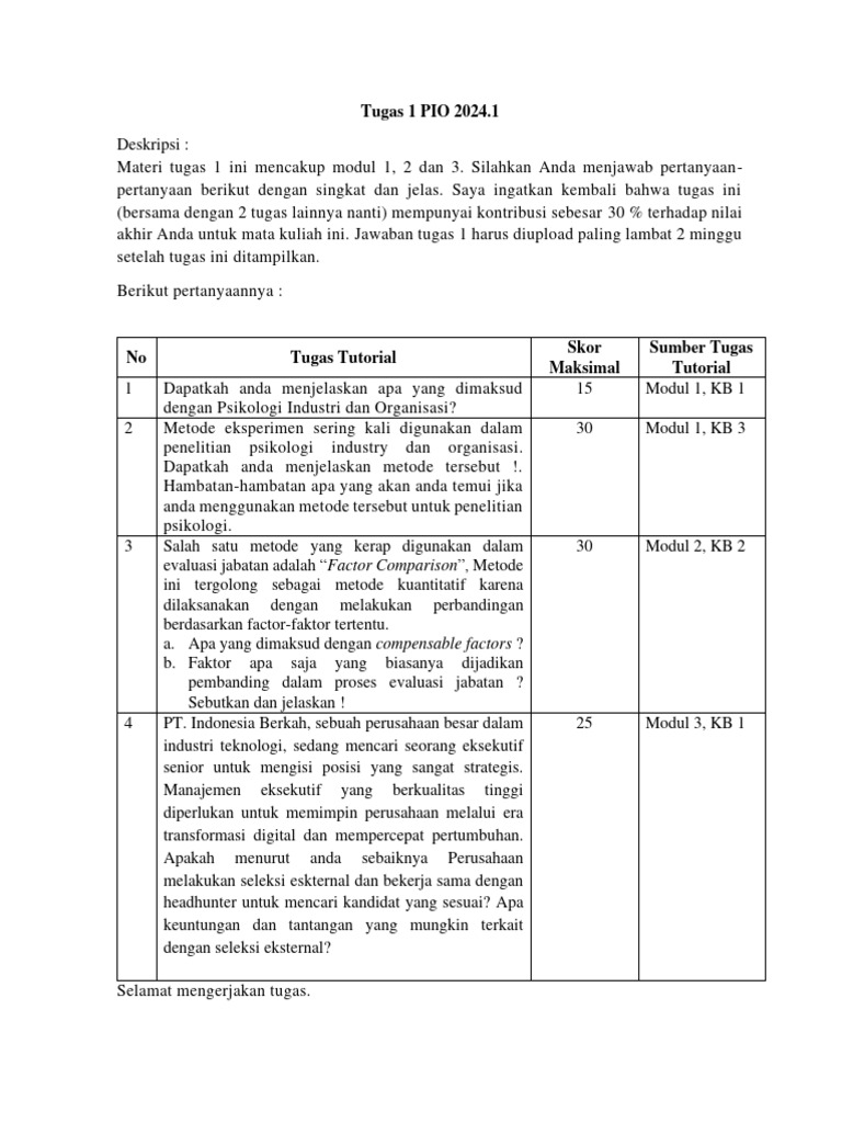 Tugas 1 PIO 2024.1 Psikologi Industri | PDF