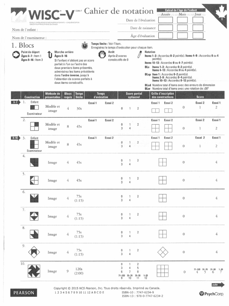 WISC V Cahier de Notation | PDF