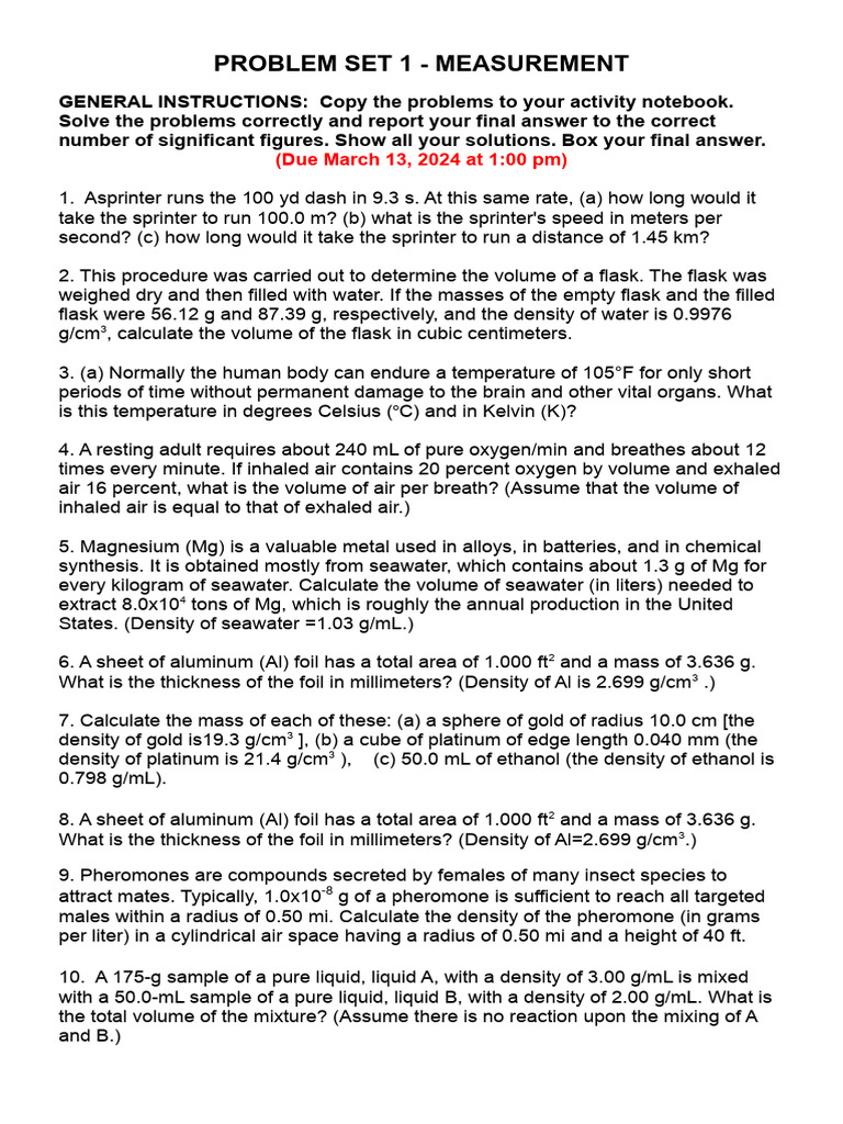 Problem Set 2 Measurement Final Download Free Pdf Density