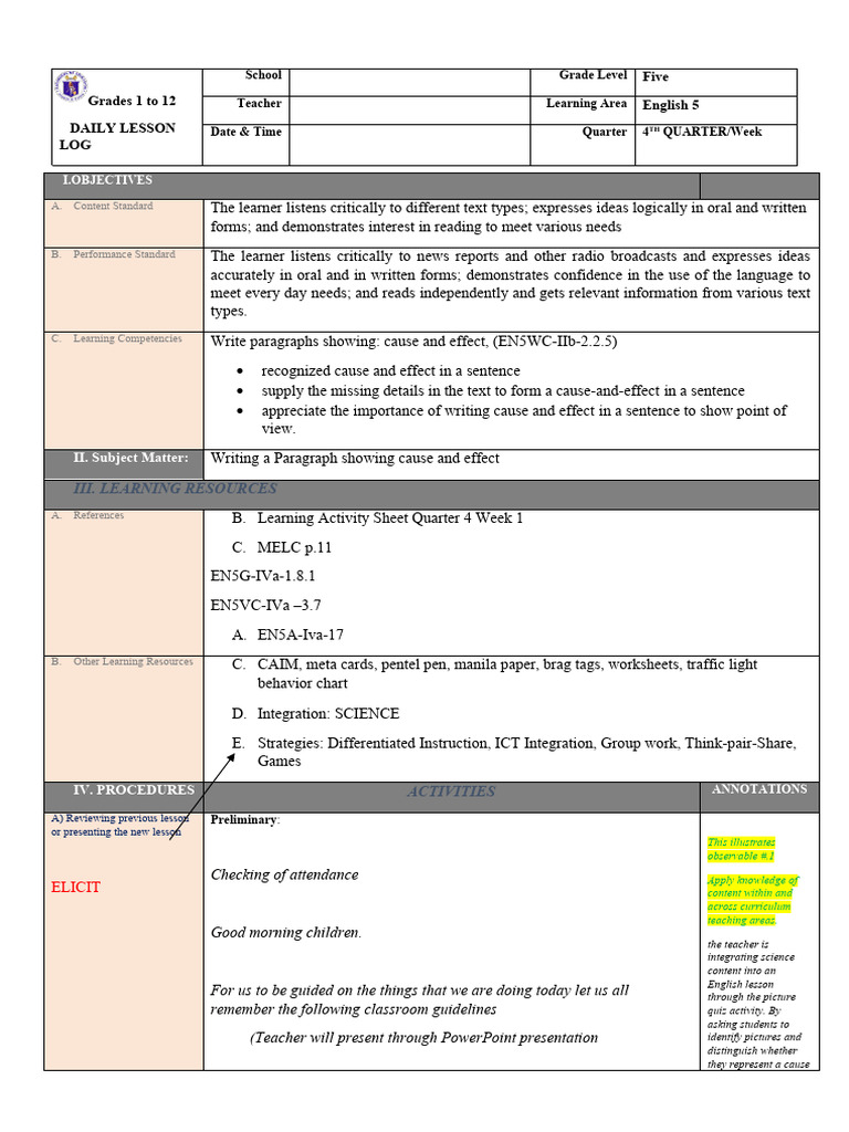 Cot English 5 4th QTR (Cause N Effect) | PDF | Learning | Cognitive Science