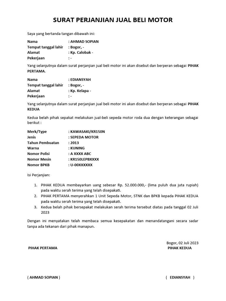 Surat Perjanjian Jual Beli Motor | PDF