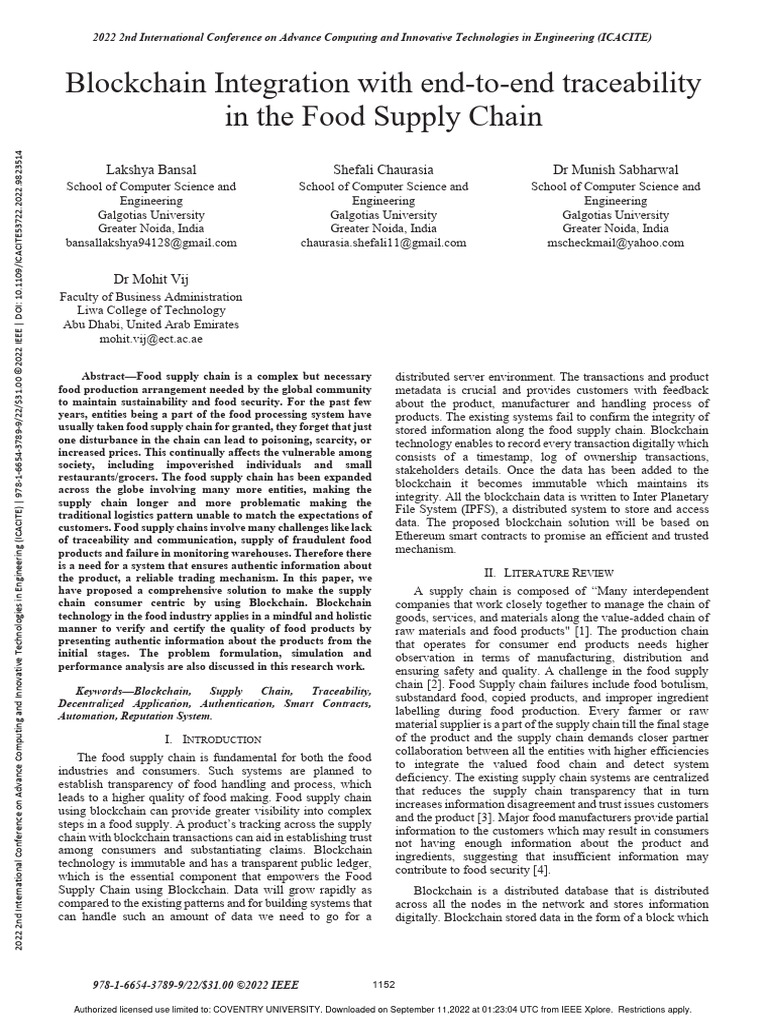 Blockchain Integration With End-To-End Traceability in The Food Supply Chain | PDF | Product ...