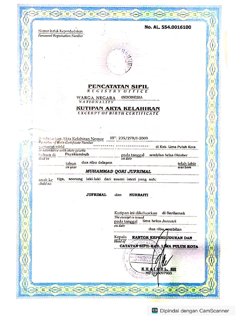Akta Kelahiran Muhammad Qori | PDF