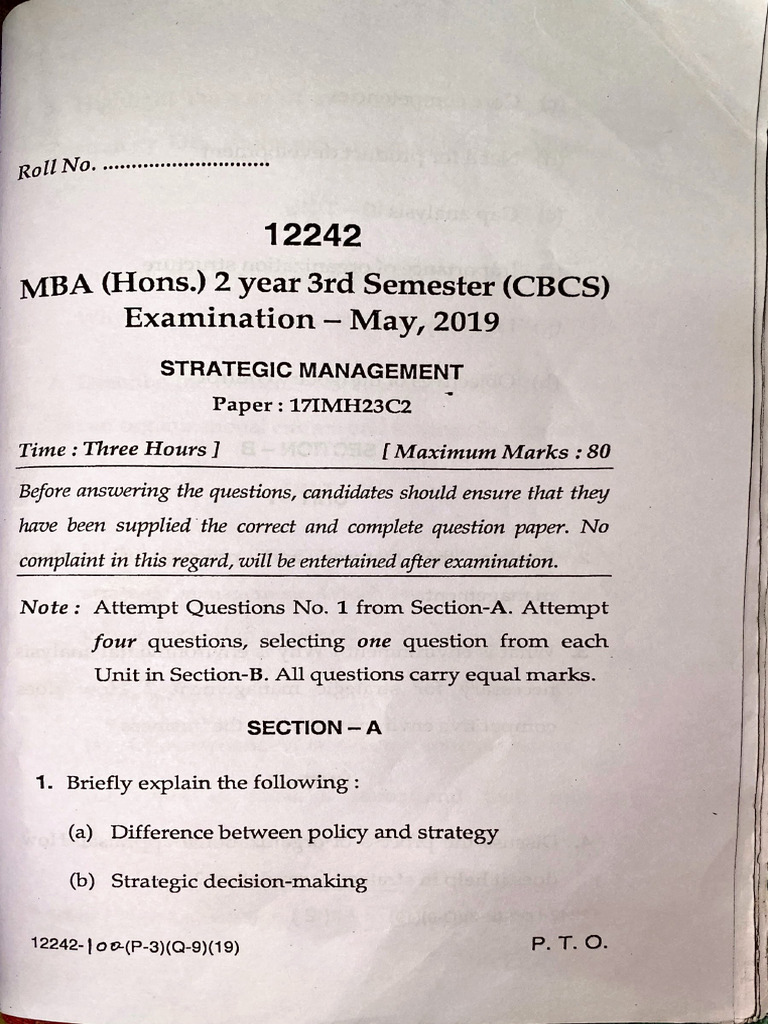 MBA 3rd Semester Exam Question Papers | PDF | Strategic Management ...