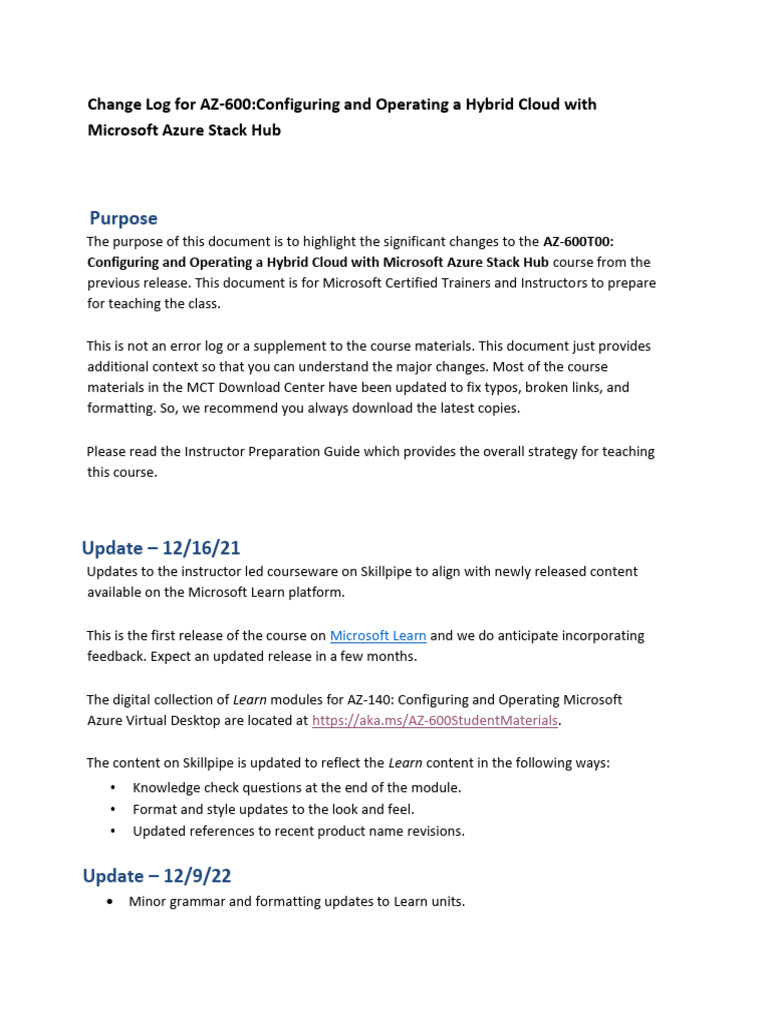 AZ 600T00A ENU Change Log | PDF