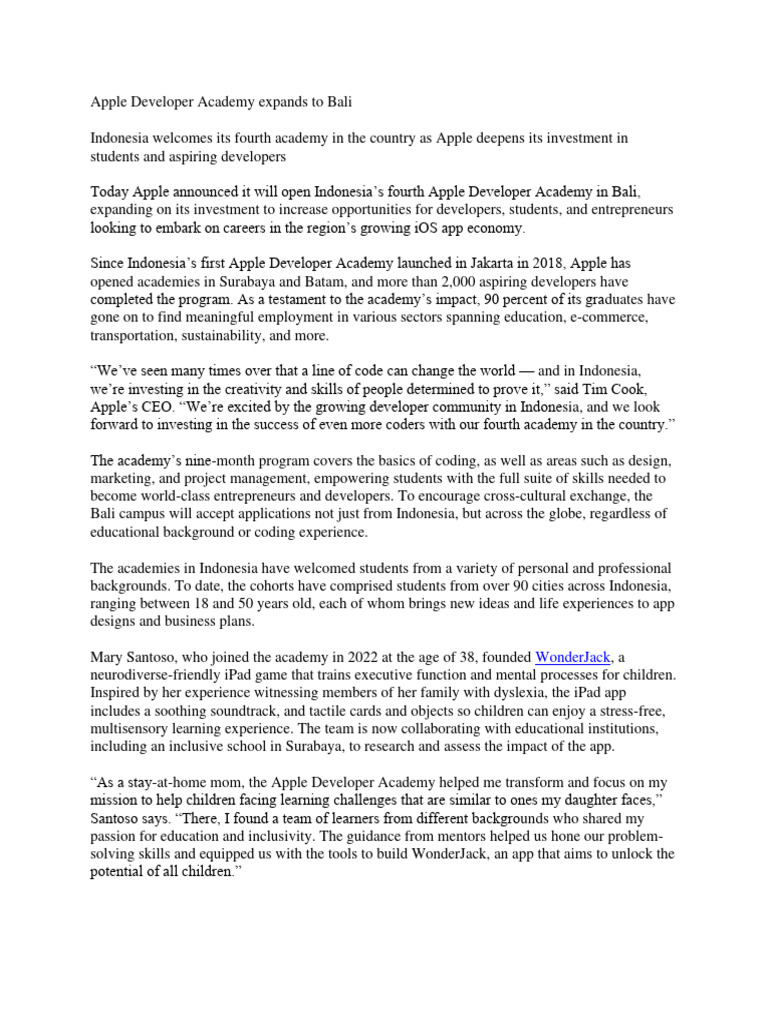 Apple Developer Academy Expands To Bali | PDF | Apple Inc. | Ios