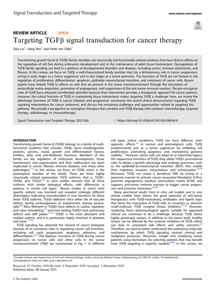 Targeting TGF β signal transduction for cancer therapy | PDF | Transforming Growth Factor Beta ...