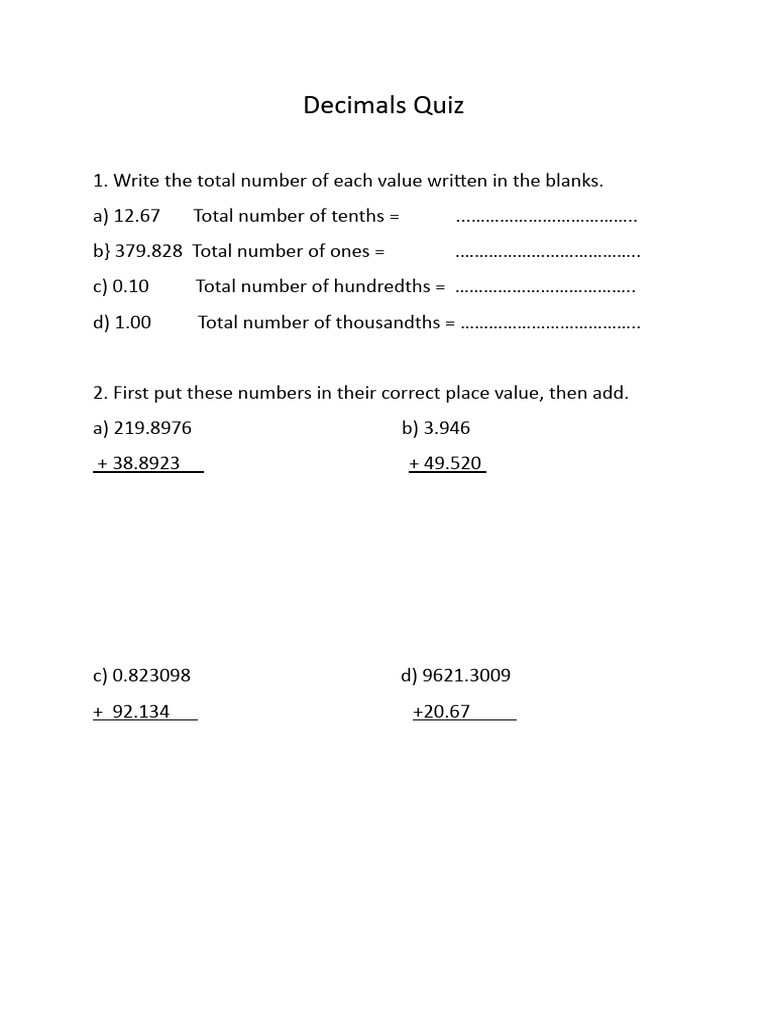 Decimals Quiz for Estimation Skills | PDF