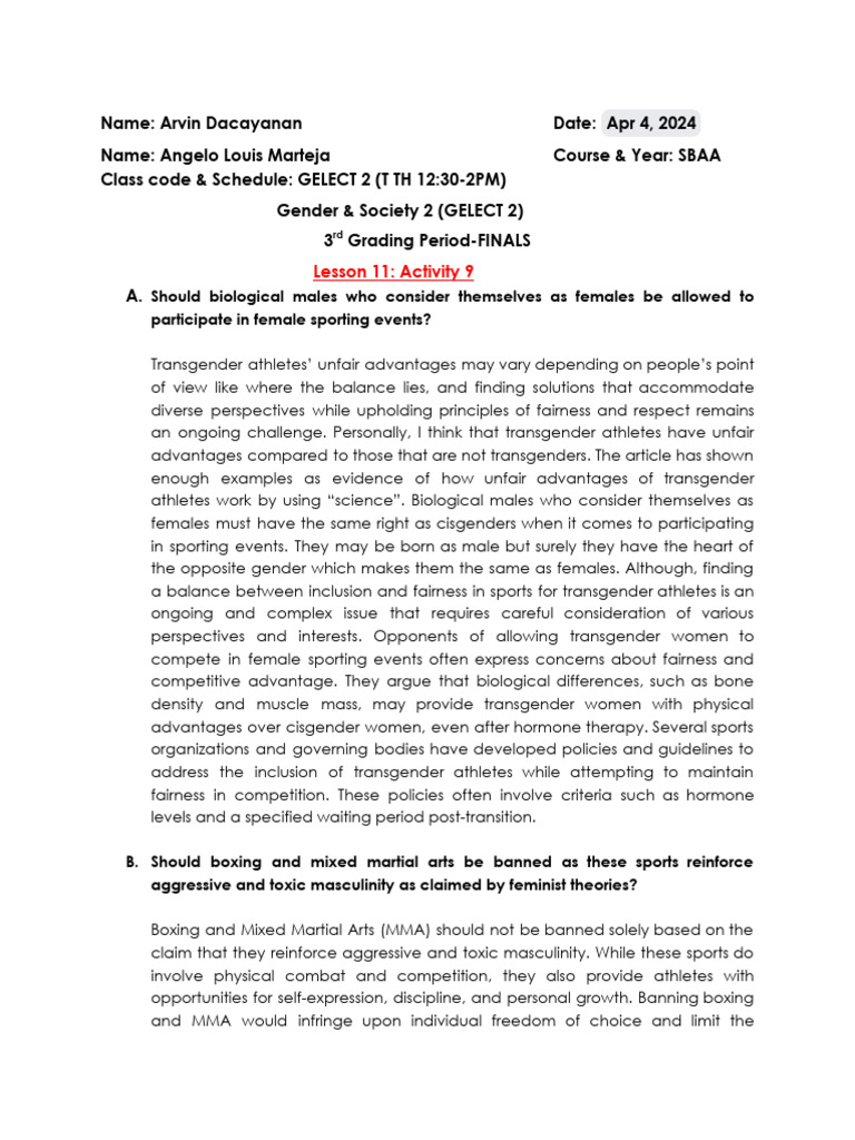 FINALS - Lesson 11 - Activity 9 | PDF | Transgender | LGBTQIA+ Studies