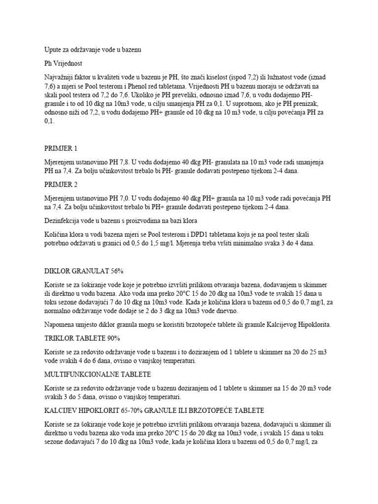 Upute Za Održavanje Vode U Bazenu | PDF