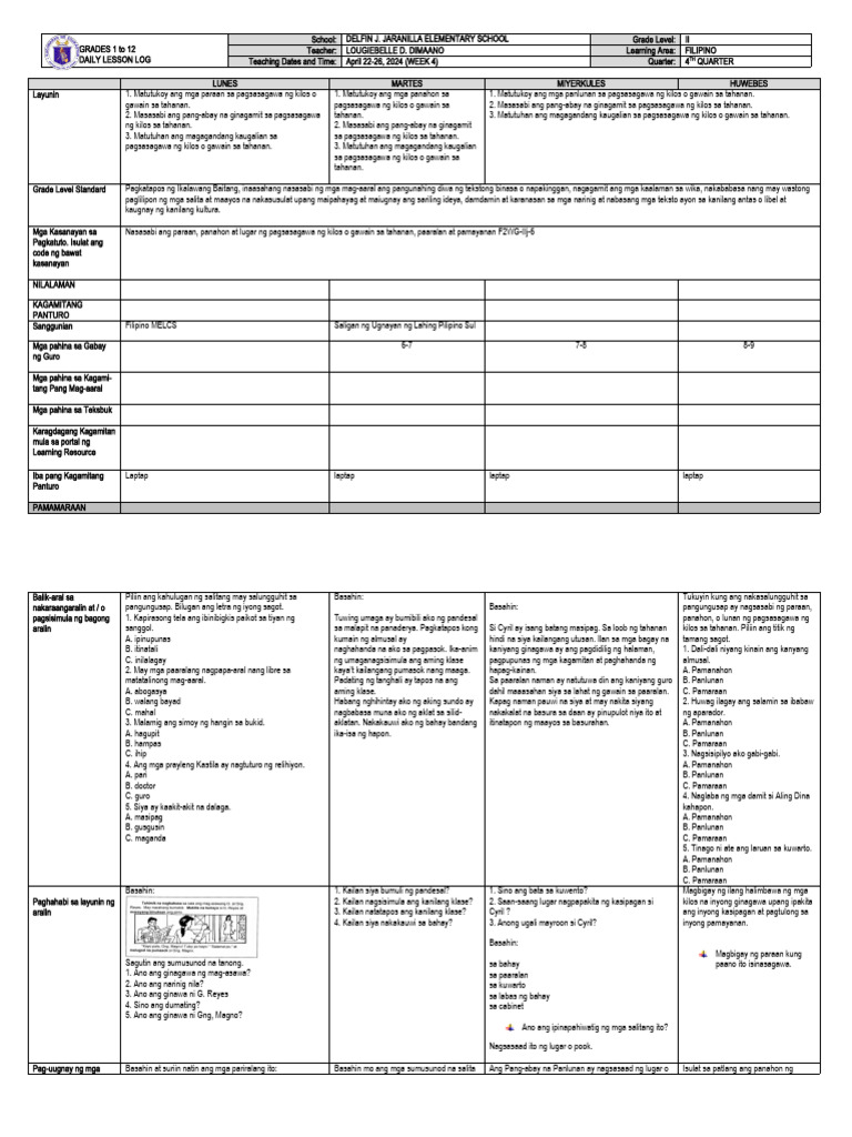 DLL - Filipino 2 - Q4 - W4 | PDF