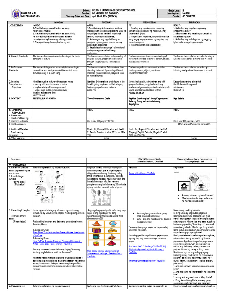 DLL - Mapeh 2 - Q4 - W4 | PDF