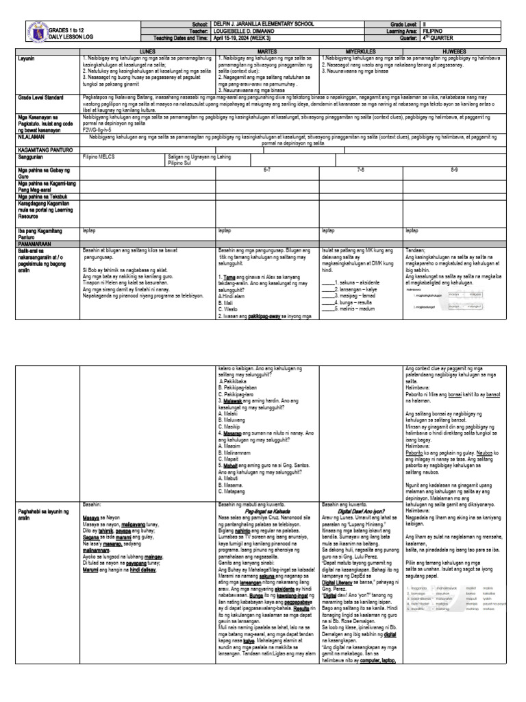 DLL Filipino 2 q4 w3 | PDF