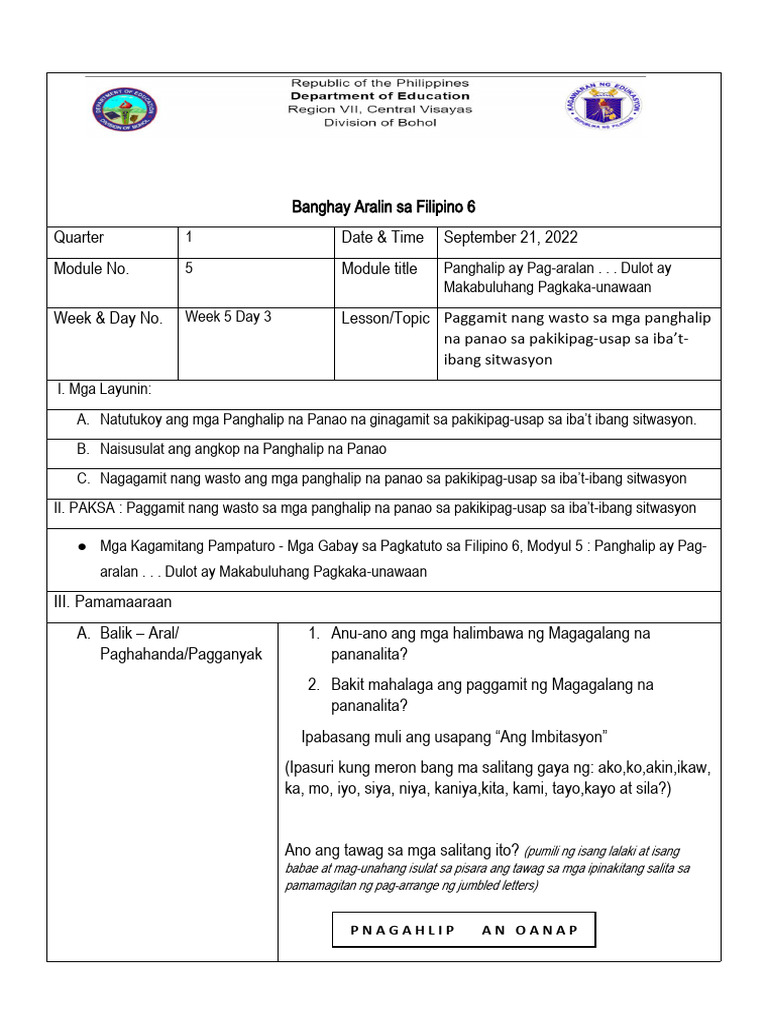 DLG in Filipino 6 MODULE 5 Day 3 | PDF