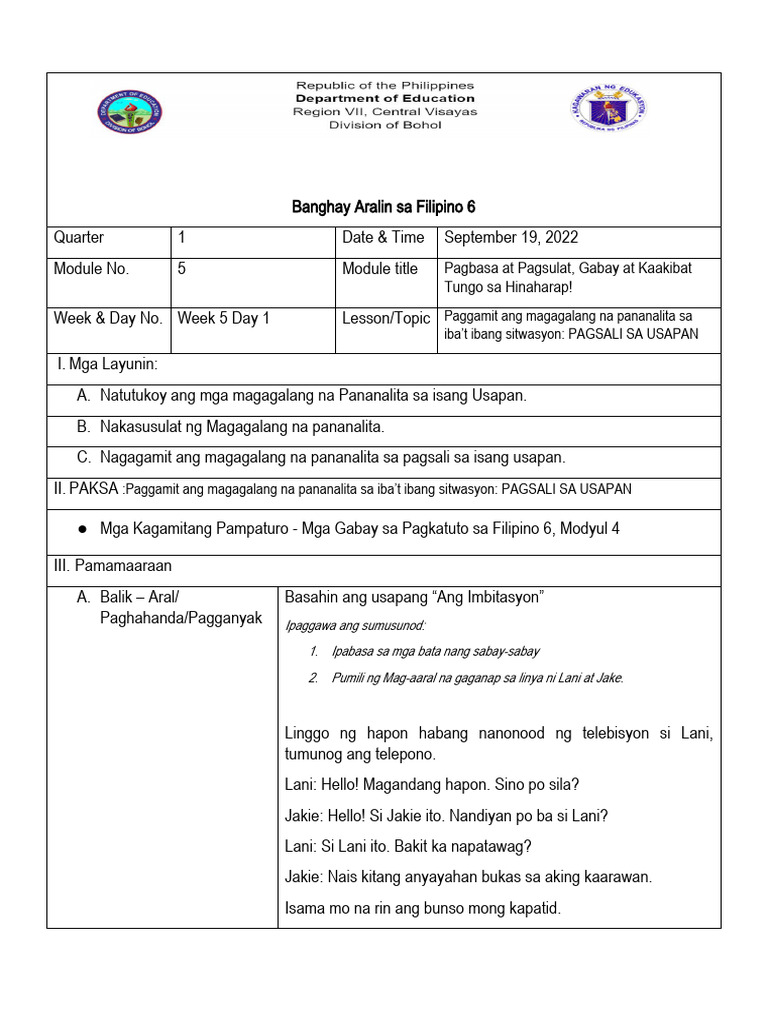 DLG in Filipino 6 MODULE 5 Day 1 | PDF