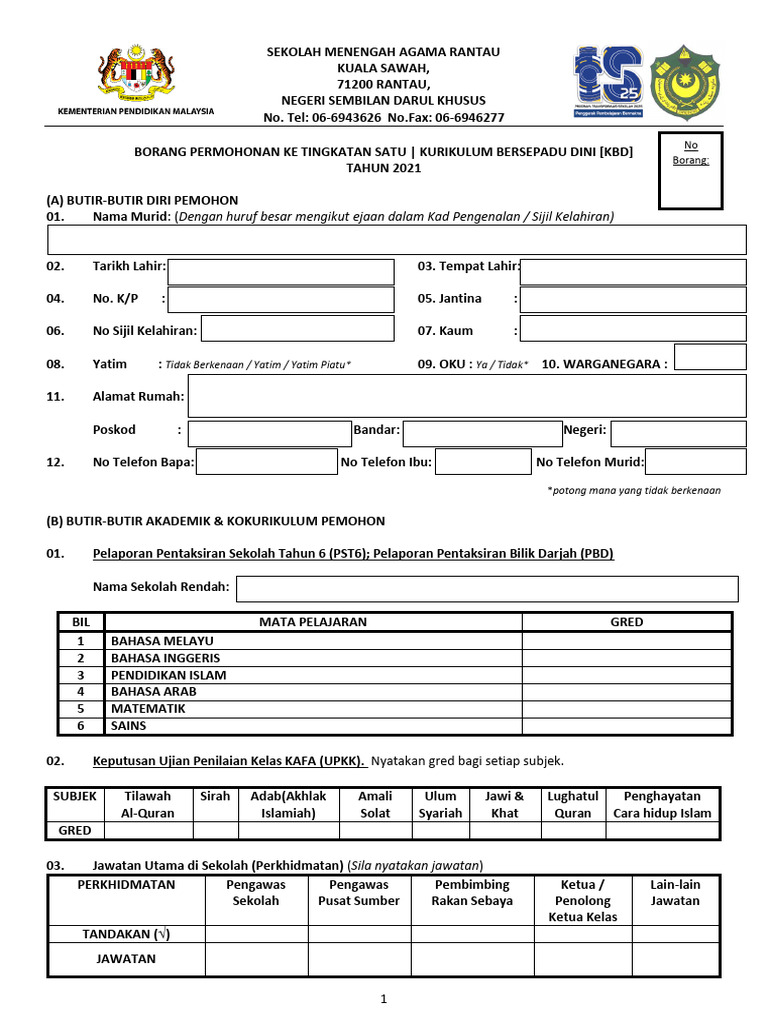01 Borang Permohonan Tingkatan 1 SMAR 2021 | PDF 01 Borang Permohonan Tingkatan 1 SMAR 2021 | PDF