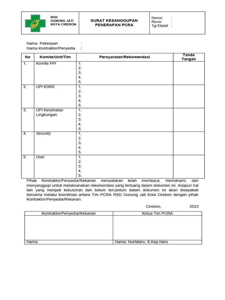 Surat Kesanggupan Implementasi PCRA | PDF