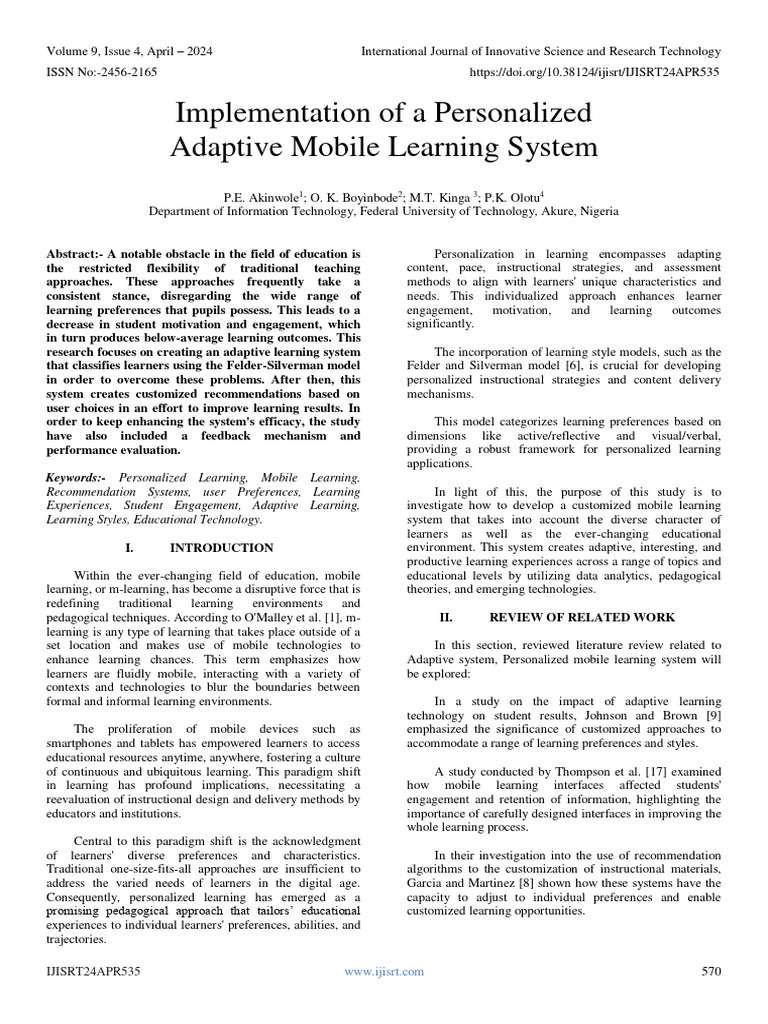 Implementation of A Personalized Adaptive Mobile Learning System | PDF | Learning Styles | Learning