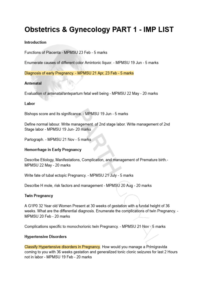 Obstetrics & Gynecology PART 1 - IMP LIST | PDF | Childbirth | Pregnancy