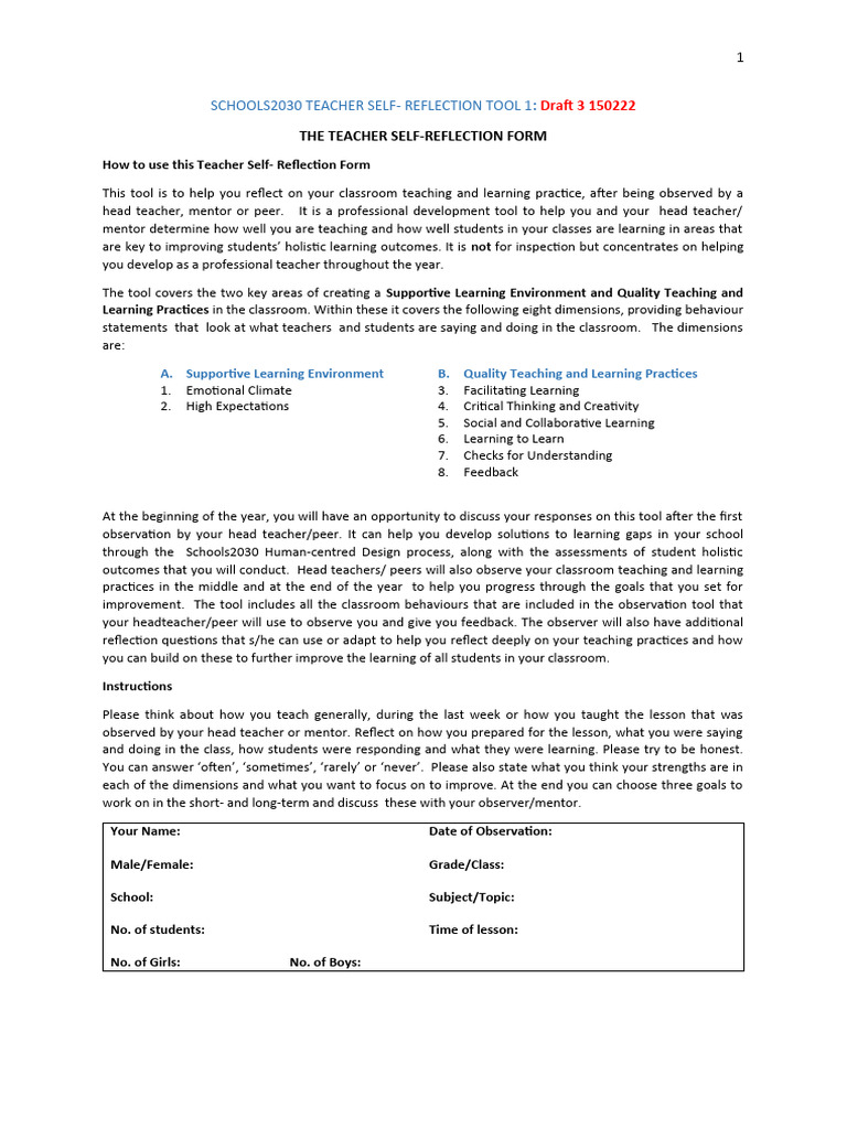Teacher Reflection Form s2030 Draft 3 180222 | PDF | Learning | Teachers