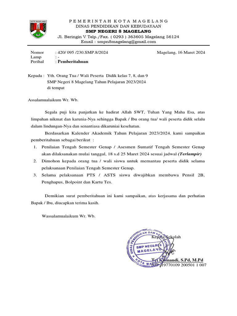 Pemberitahuan Pts Asts Genap Tahun 2023-2024 | PDF