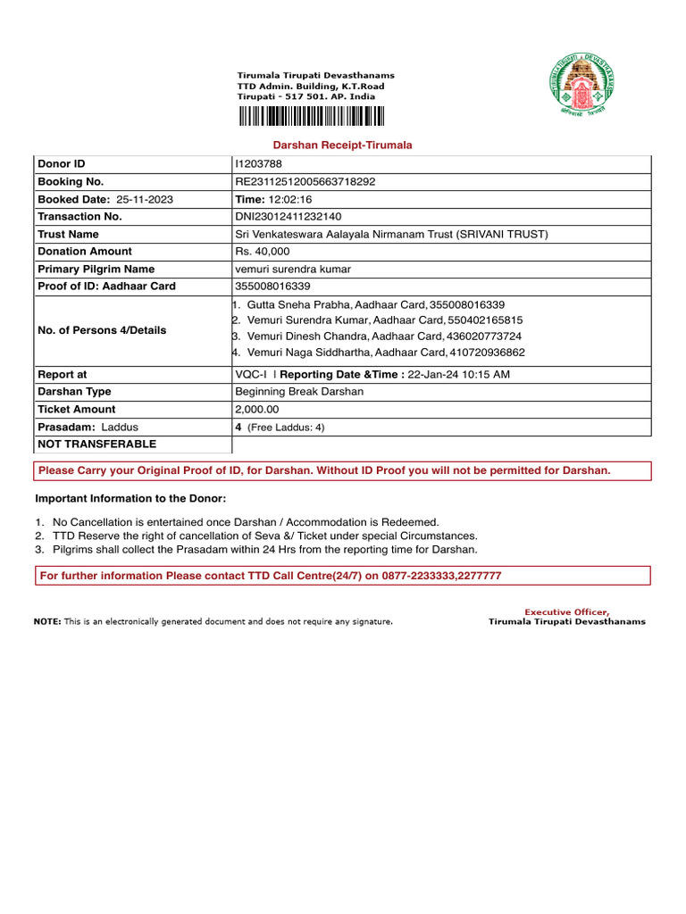TTD Darshan Receipt | PDF